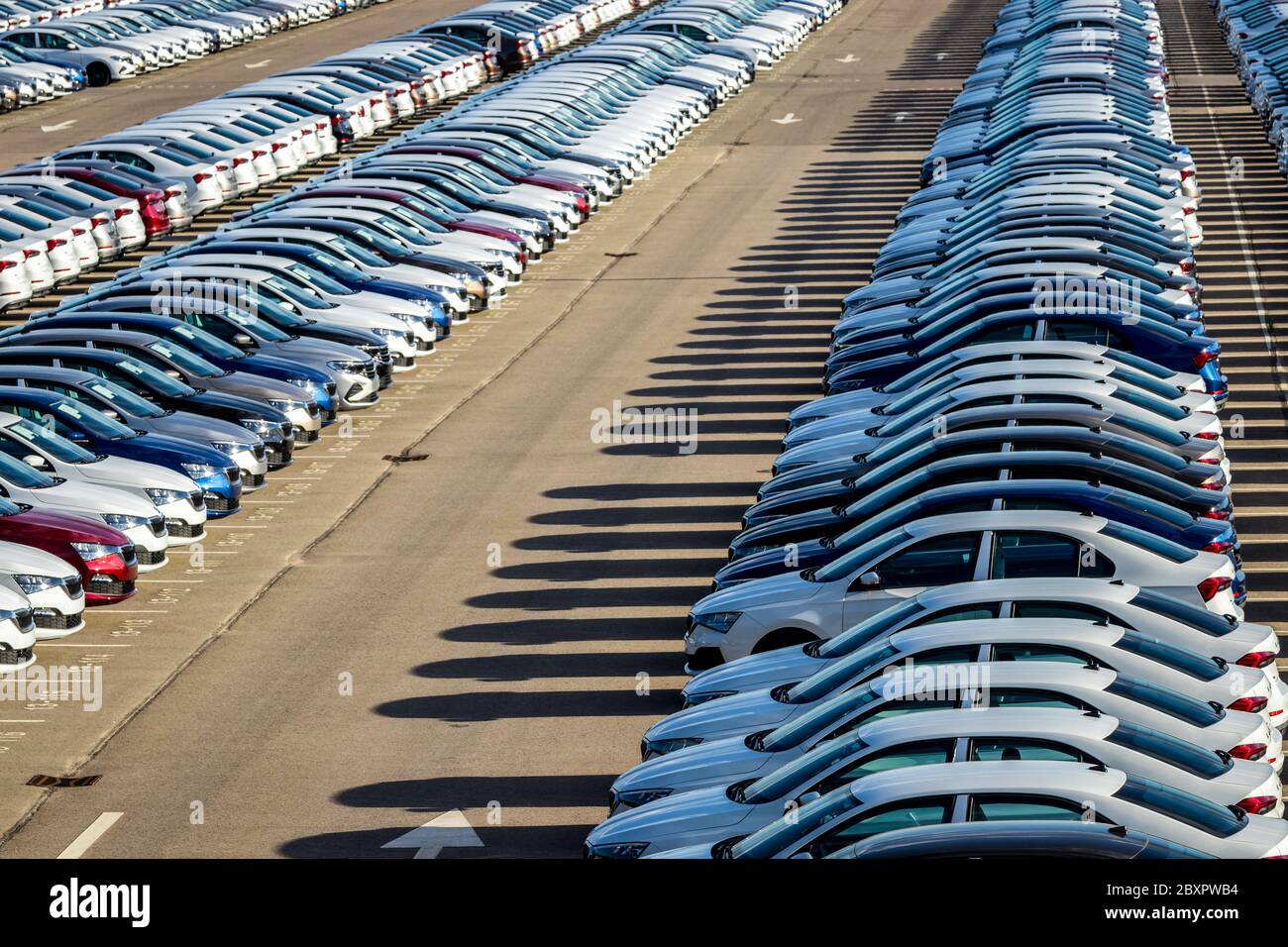 Rows of a new cars parked in a distribution center on a car factory on ...