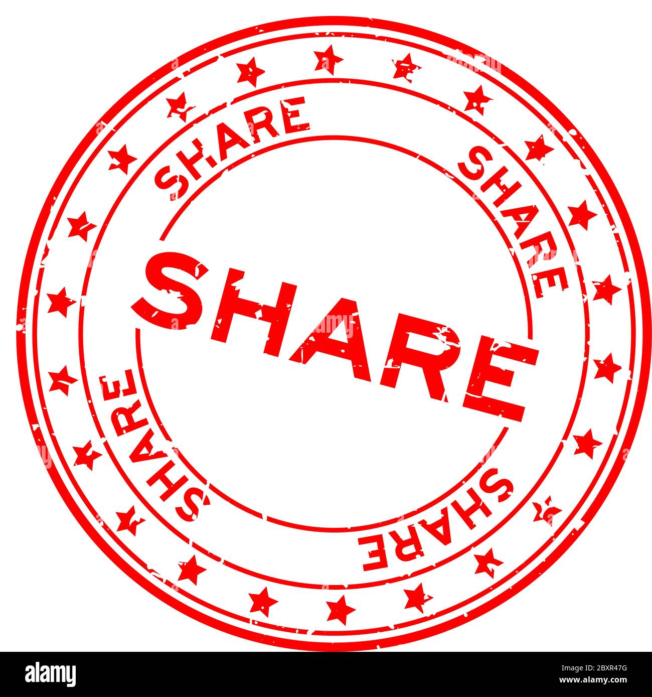 Grunge red share word with star icon round rubber seal stamp on white ...