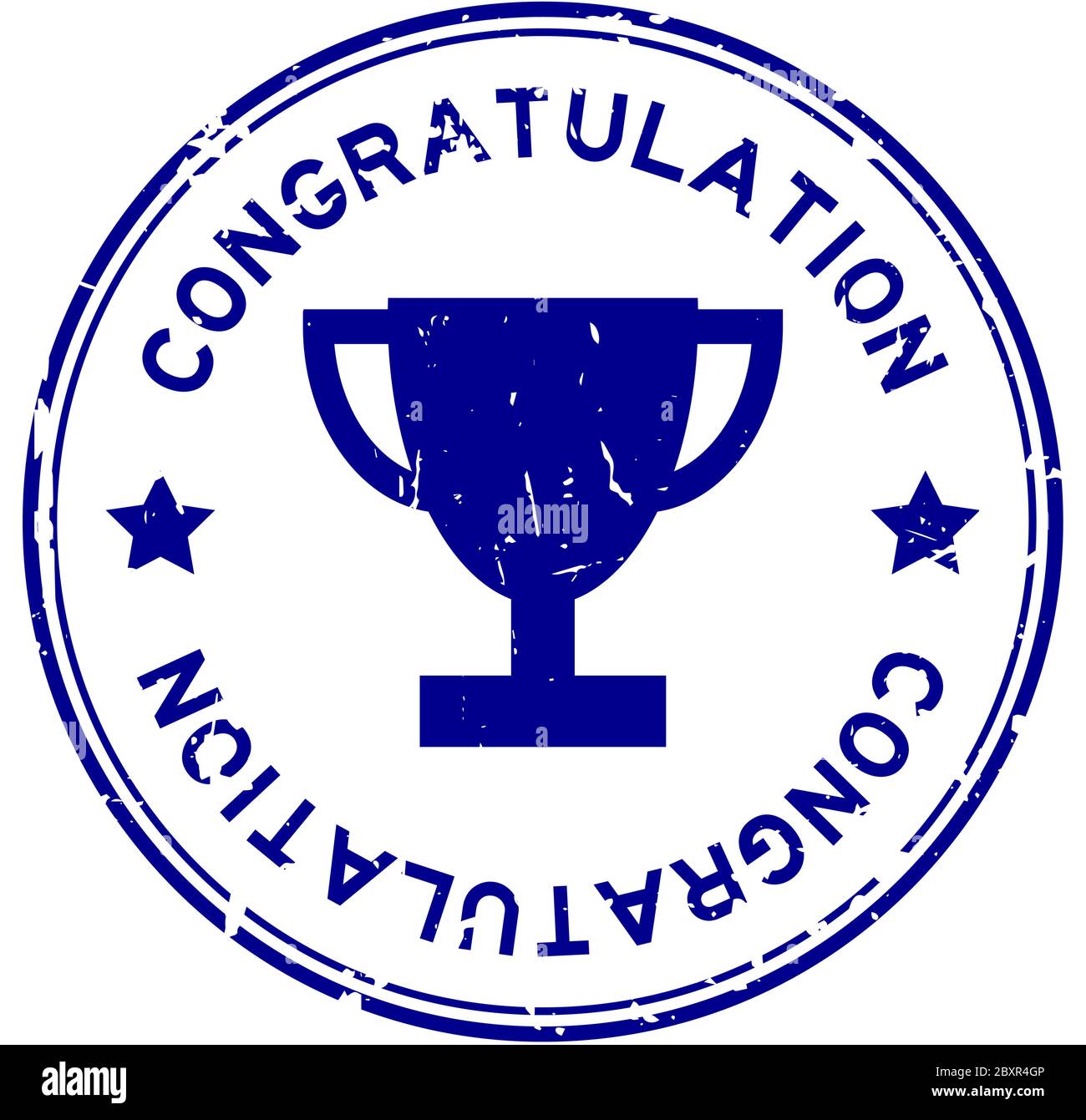 Grunge blue congratulation word with trophy icon round rubber seal ...