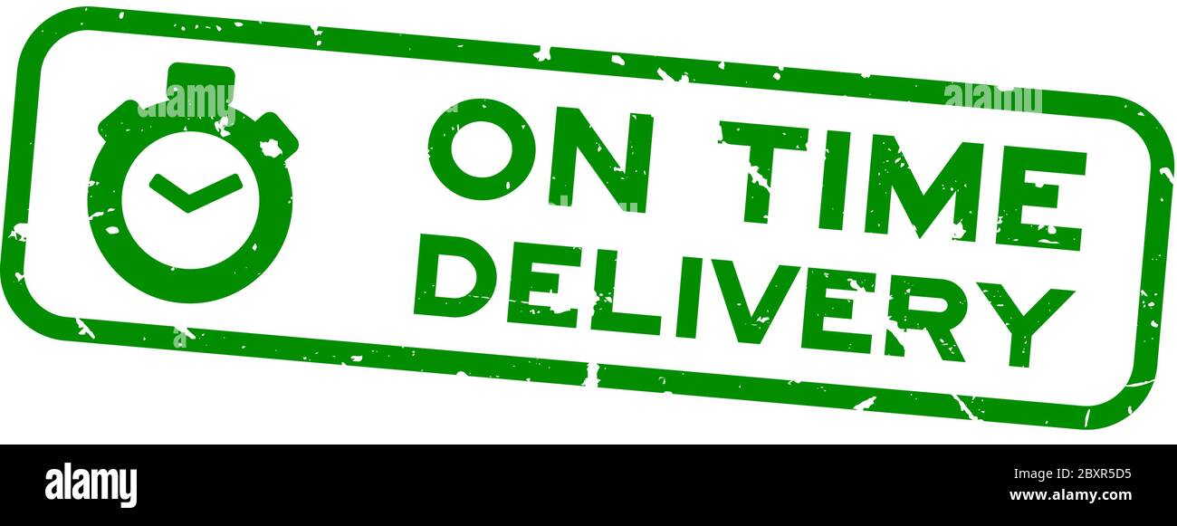 Grunge green on time delivery word with stopwatch icon square rubber ...