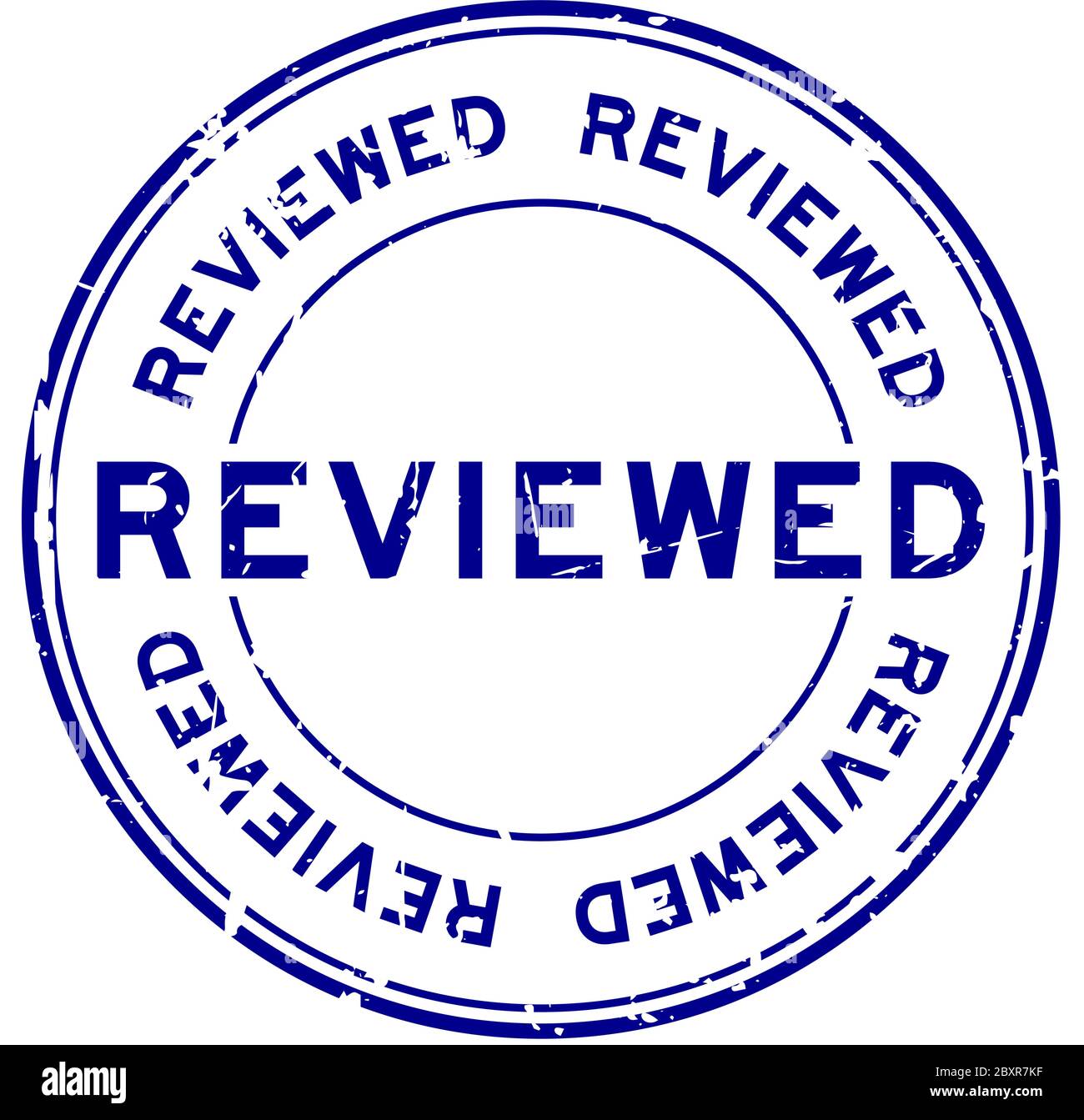 Grunge blue reviewed word round rubber seal stamp on white background ...