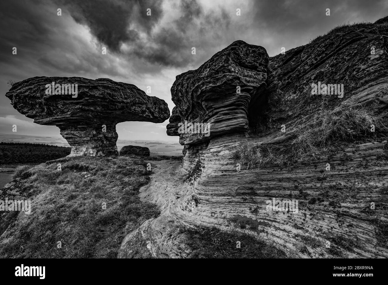 Mushroom rock formation known as the Bunnet Stane. Located on the ...