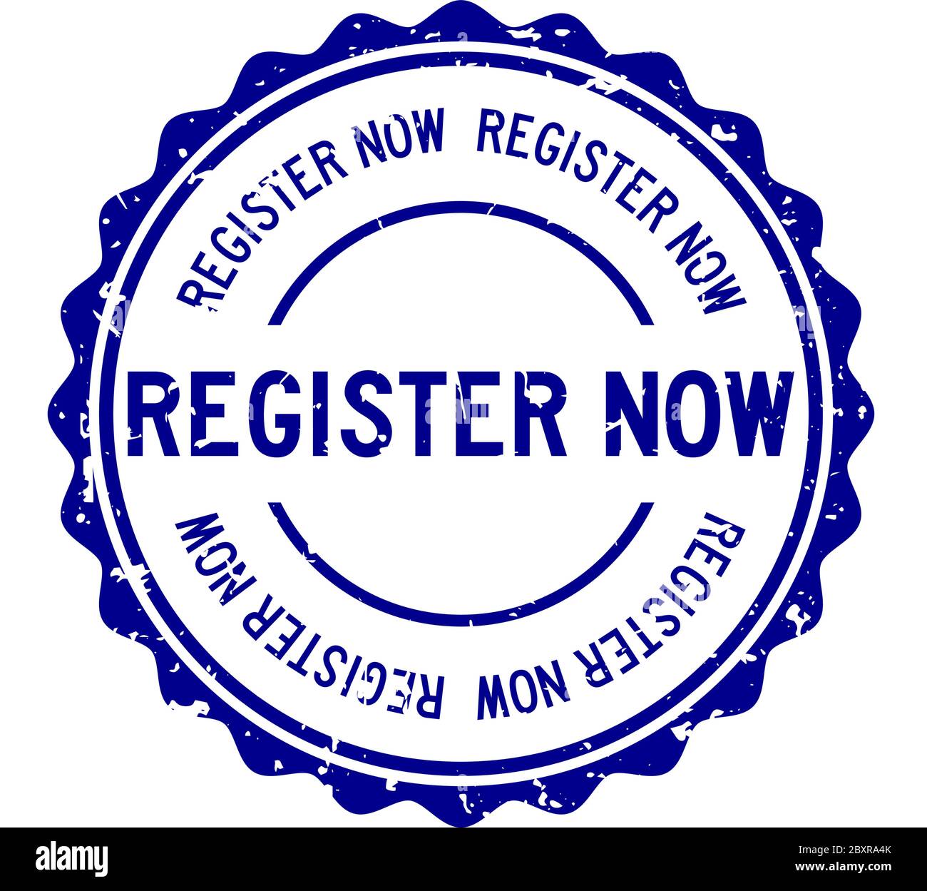 Grunge blue register now word round rubber seal stamp on white ...