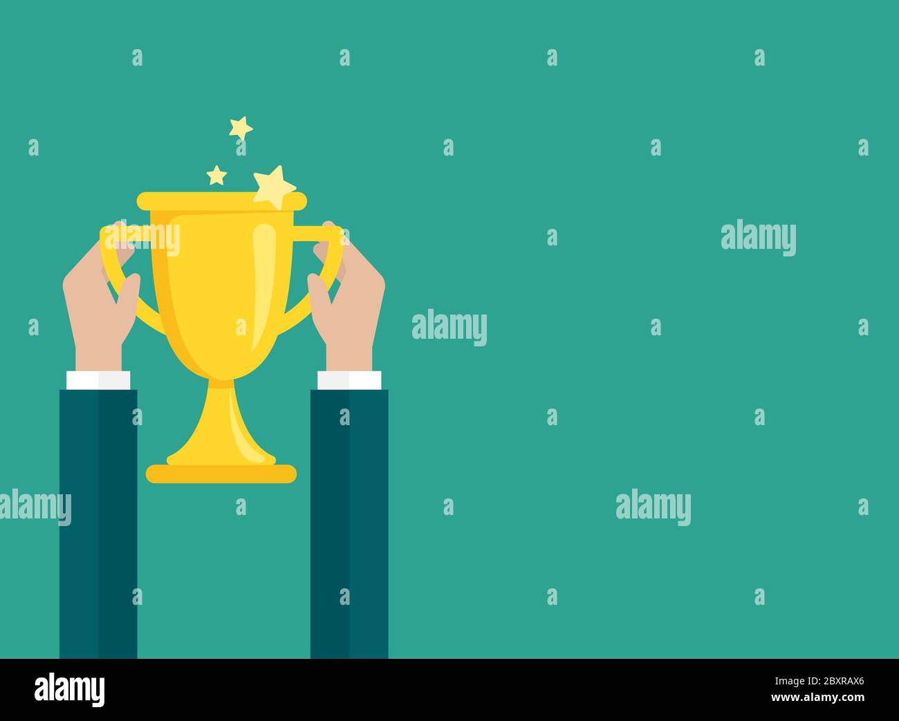 Hands with gold trophy, winning cup isolated on blue background. First ...