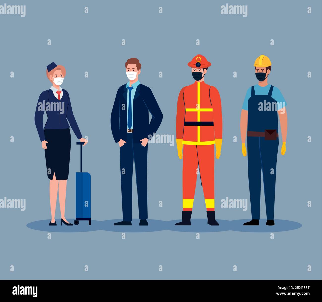 firefighter with workers group in covid 19, workers wearing medical ...