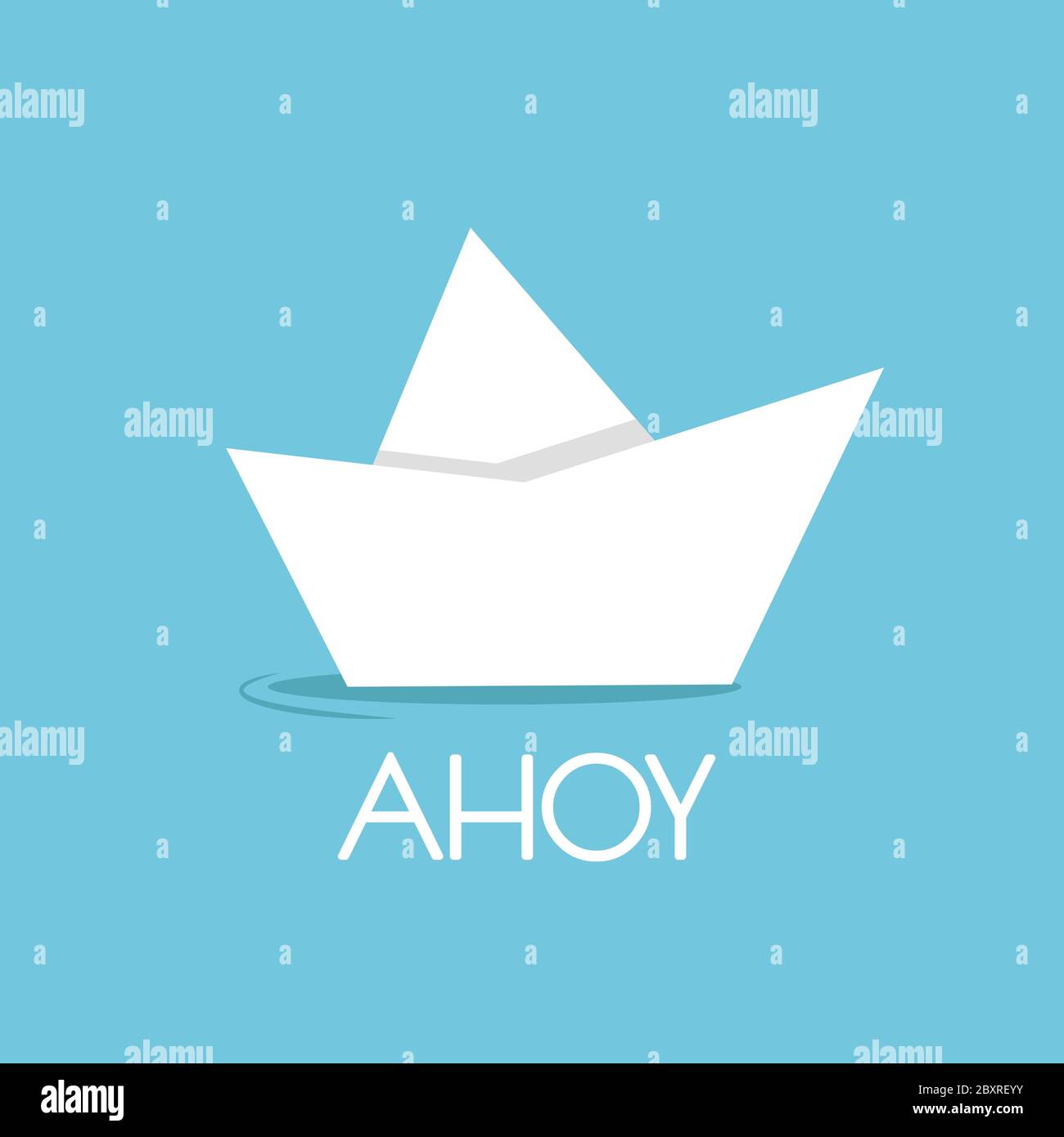 folded paper boat isolated on blue with word ahoy. Powder blue ...