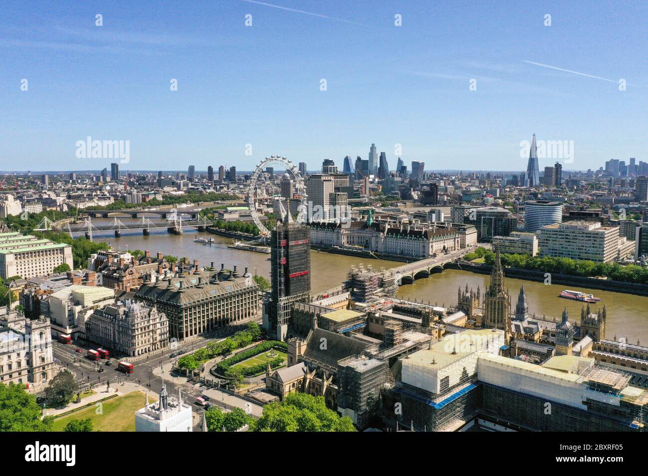An aerial view of London showing the London Eye (centre) County Hall ...