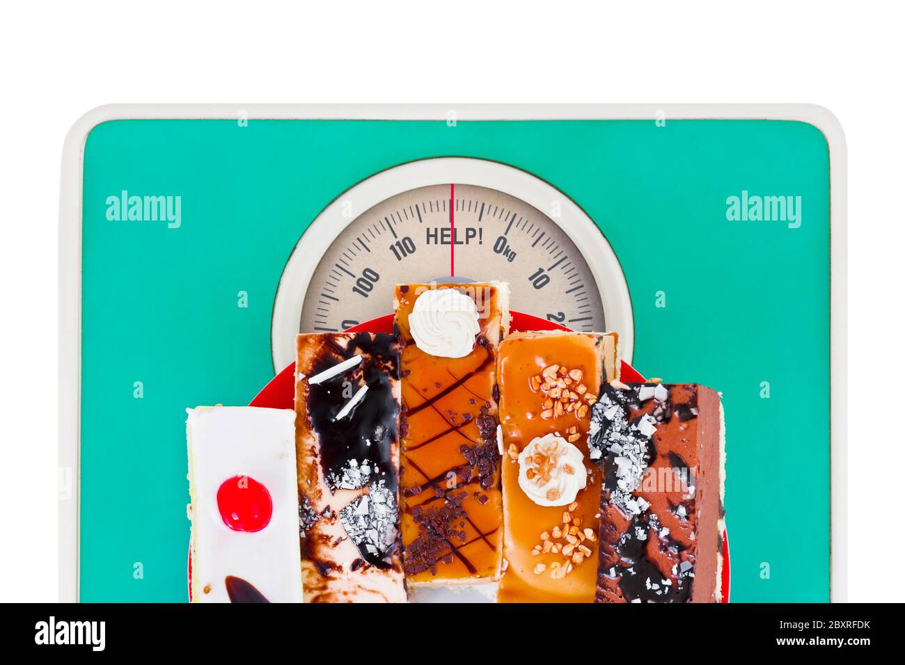 Cakes on weight scale and word Help Stock Photo - Alamy