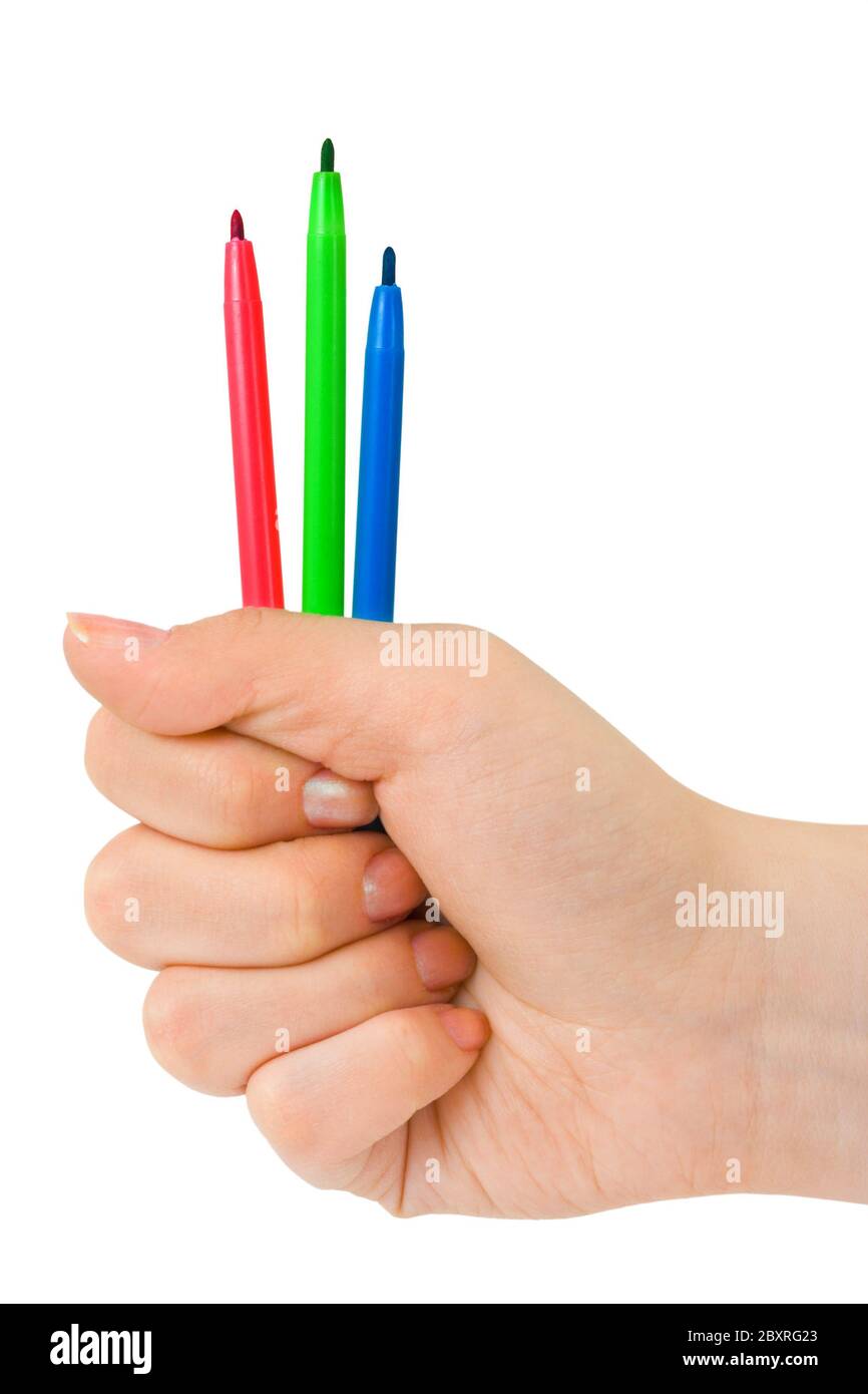 Hand with multicolored pens Stock Photo - Alamy