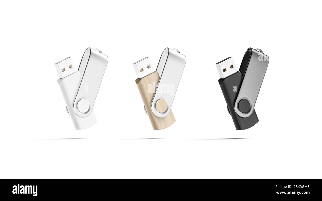 Blank black, white and wood usb stick mockup, no gravity Stock Photo ...