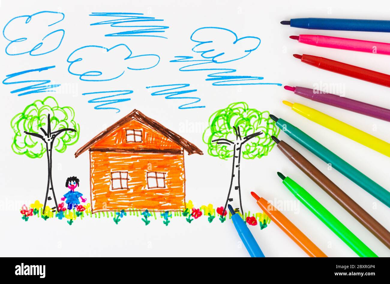 Child's drawing and pens Stock Photo - Alamy