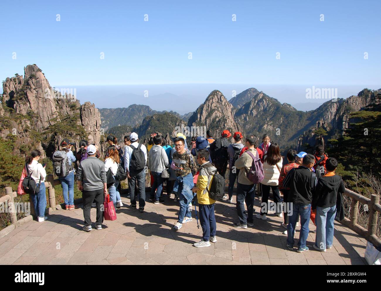 Huangshan Mountain in Anhui Province / China . Tourists admiring the ...
