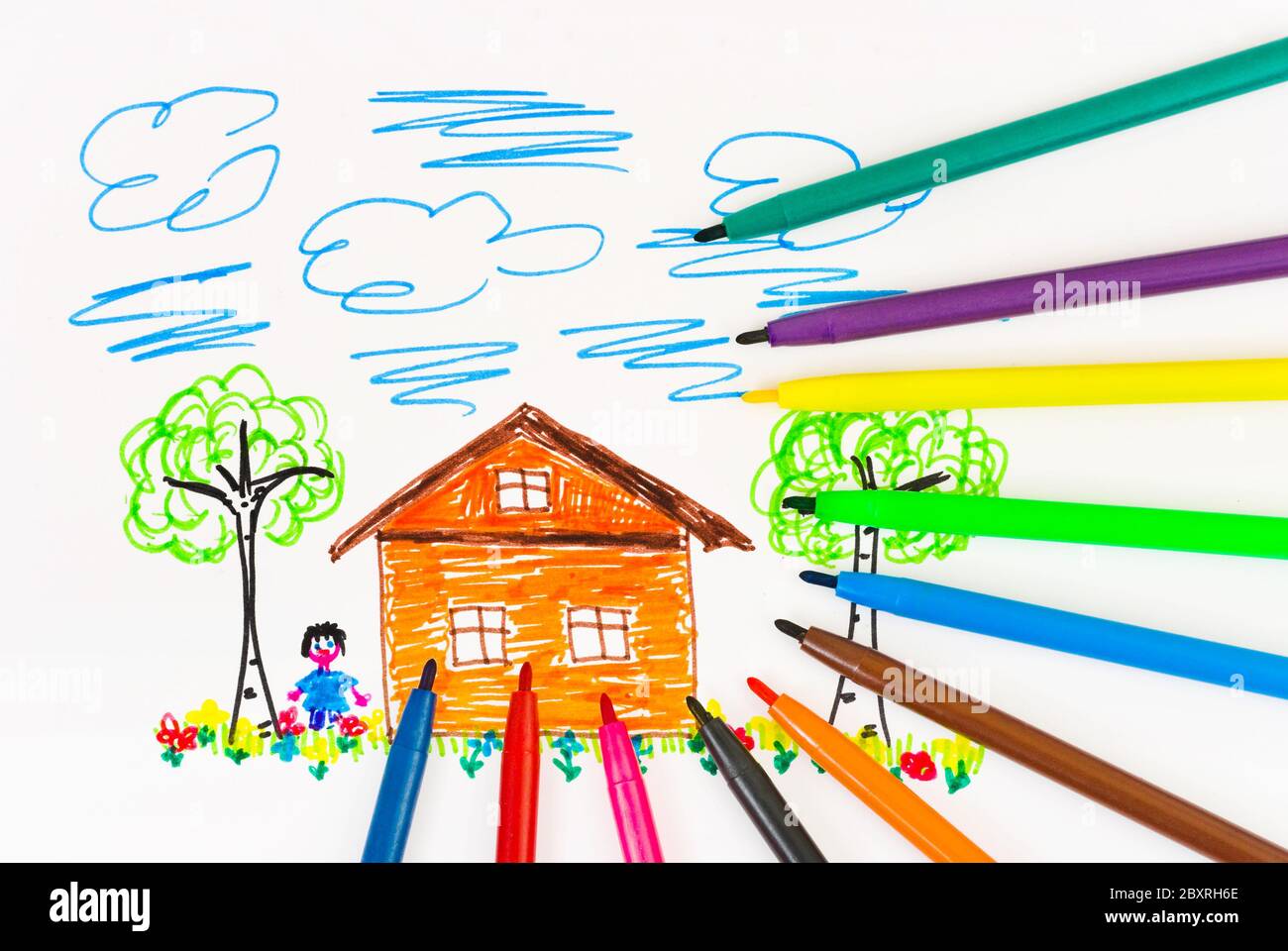 Child's drawing and pens Stock Photo - Alamy