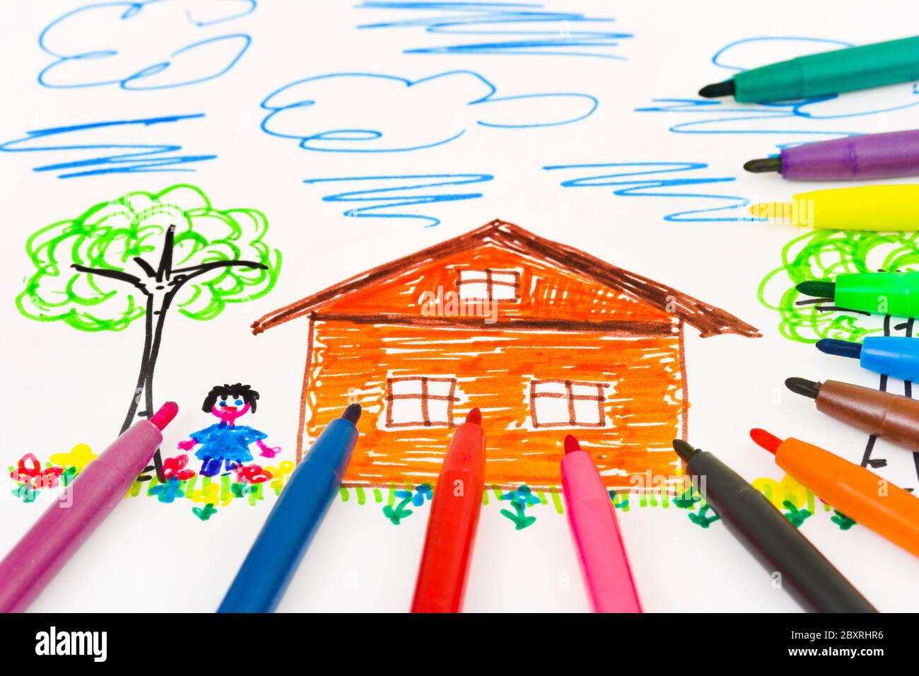 Child's drawing and pens Stock Photo - Alamy