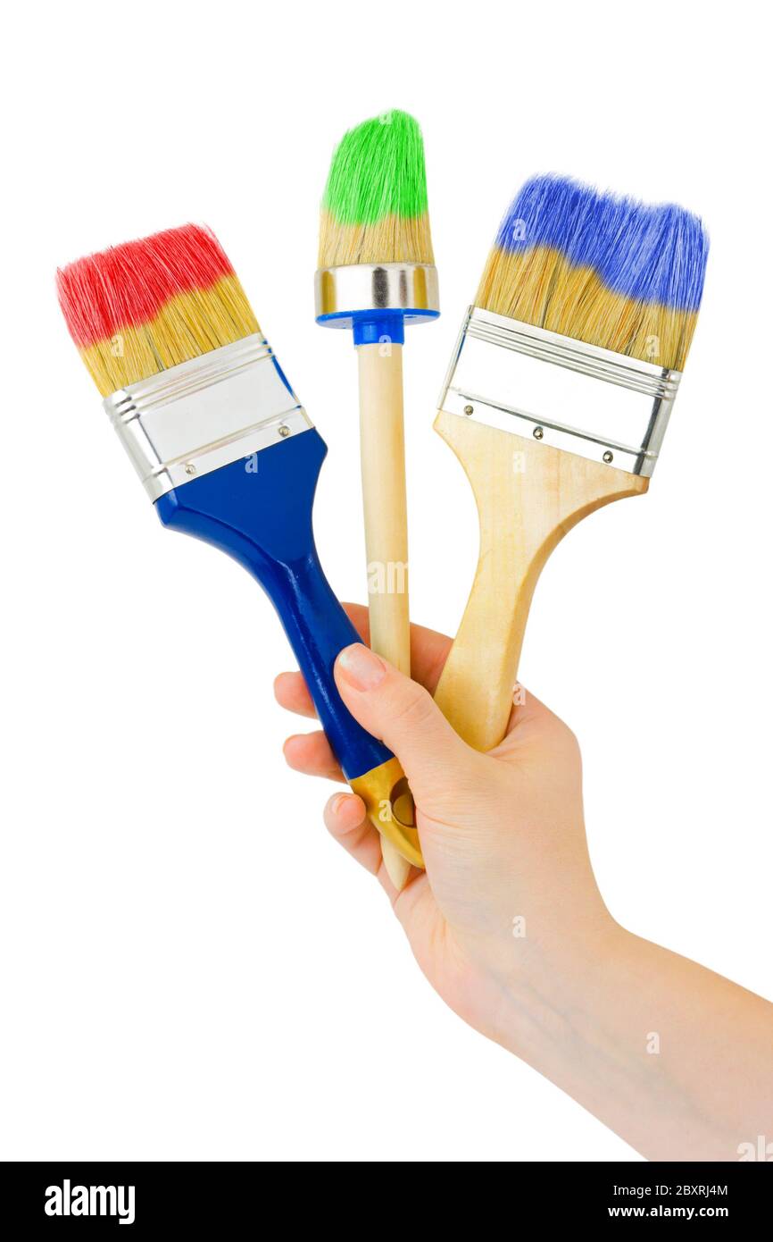 Hand with multicolored brushes Stock Photo - Alamy