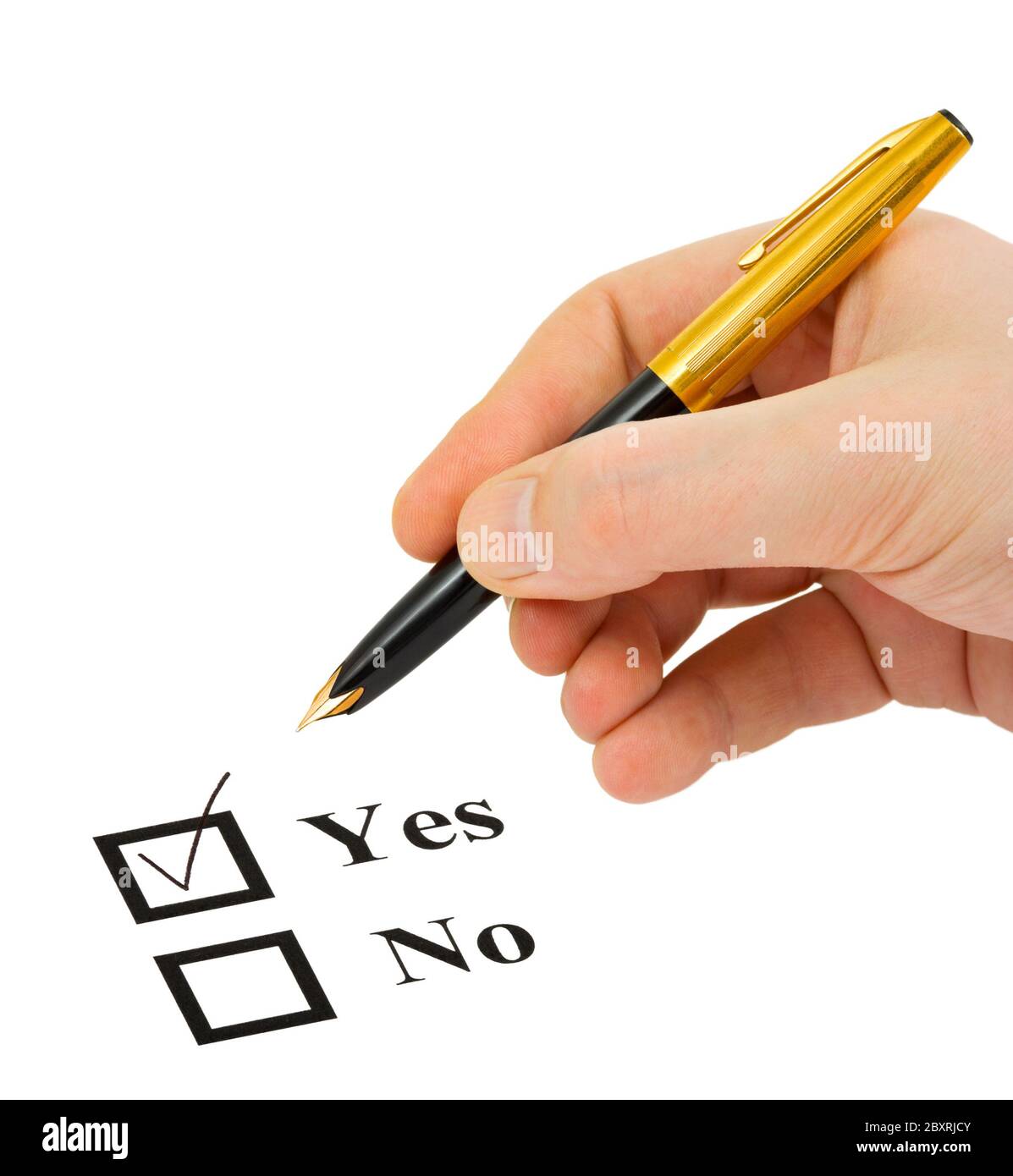 Hand with pen and check boxes Stock Photo - Alamy