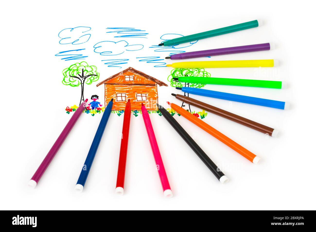Child's drawing and pens Stock Photo - Alamy