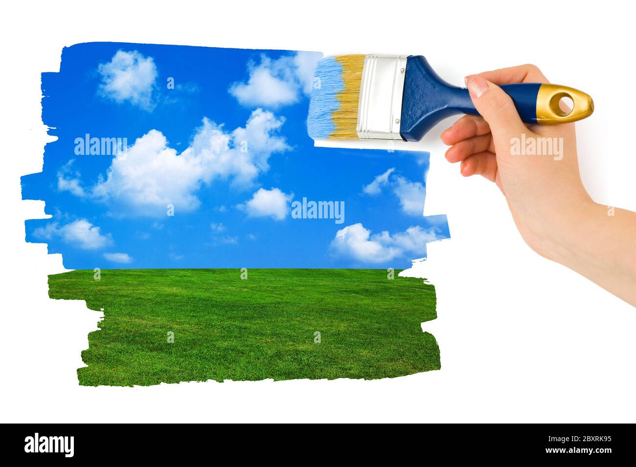 Hand with paintbrush drawing landscape Stock Photo - Alamy