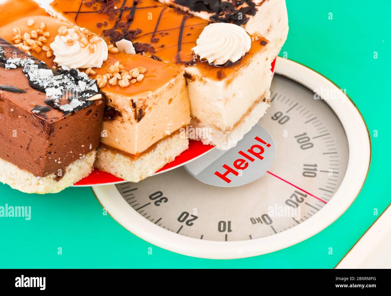 Cakes on weight scale and word Help Stock Photo - Alamy
