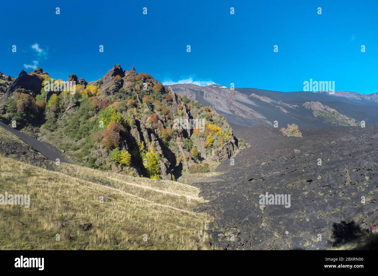 Etna mountainscape view during sunny day with blue sky from Bove Valley ...