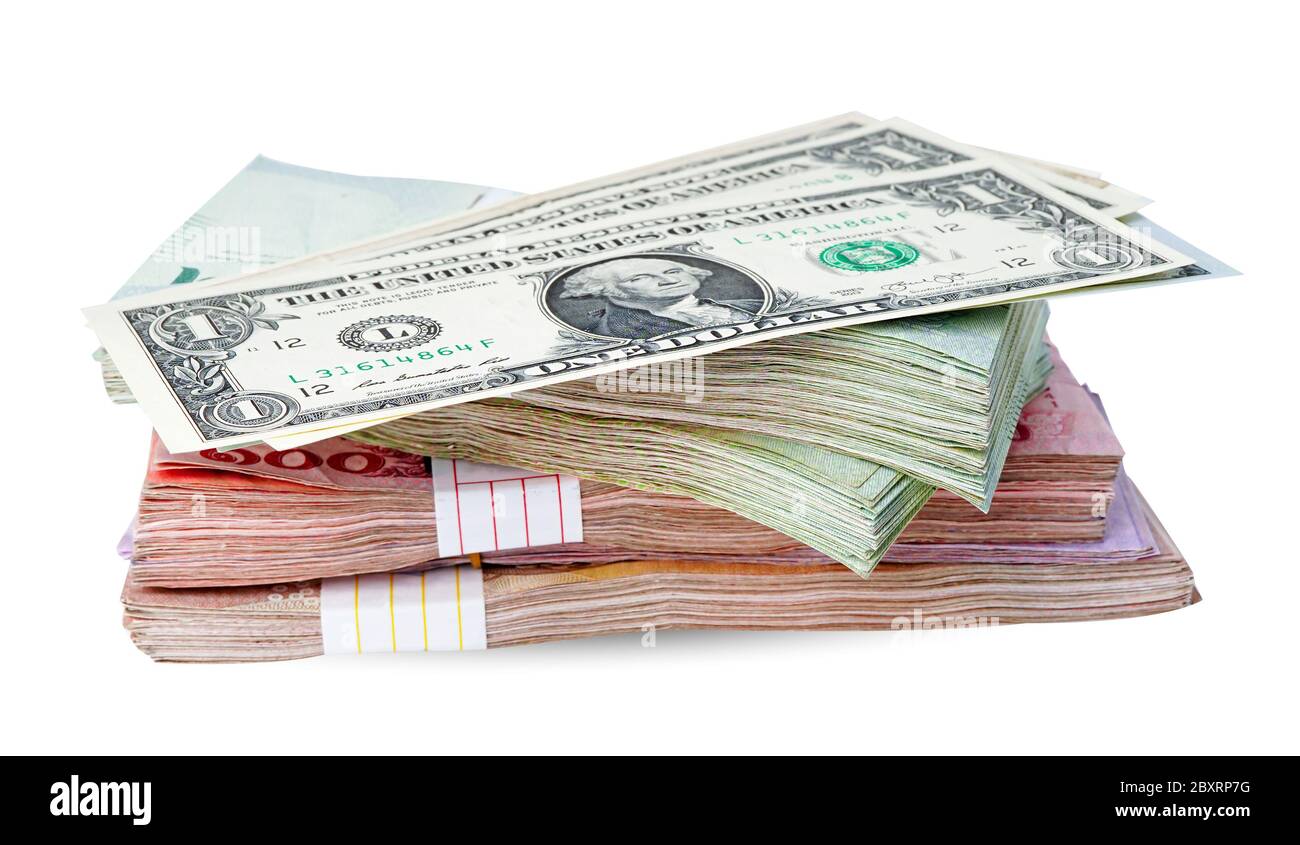 Stack of US dollar banknotes isolated on white background with clipping ...