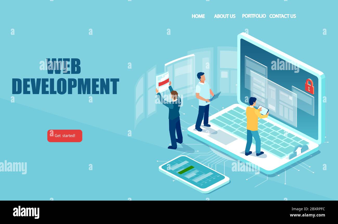 Vector of men IT professionals working on computer web developing Stock ...