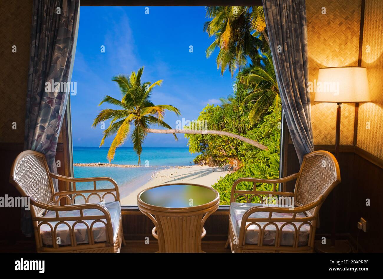 Hotel room and tropical landscape Stock Photo - Alamy