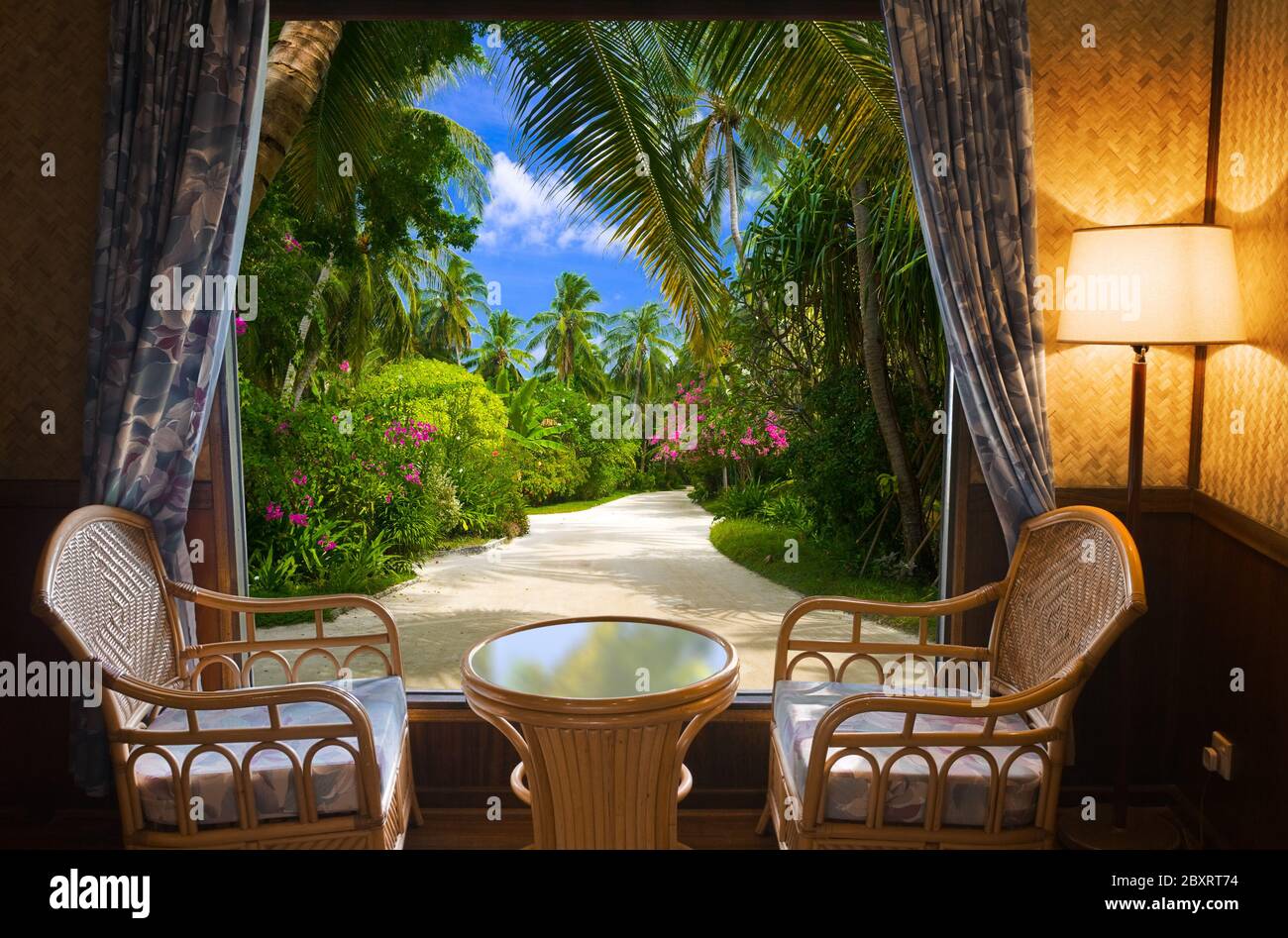 Hotel room and tropical landscape - vacation concept background Stock ...