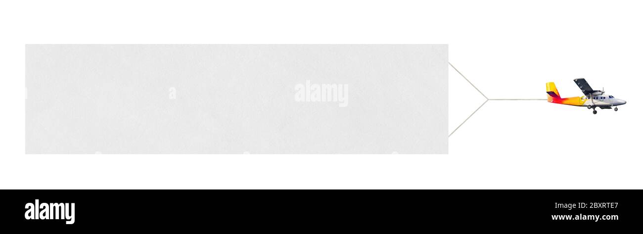 Flying airplane and banner isolated on white background Stock Photo - Alamy