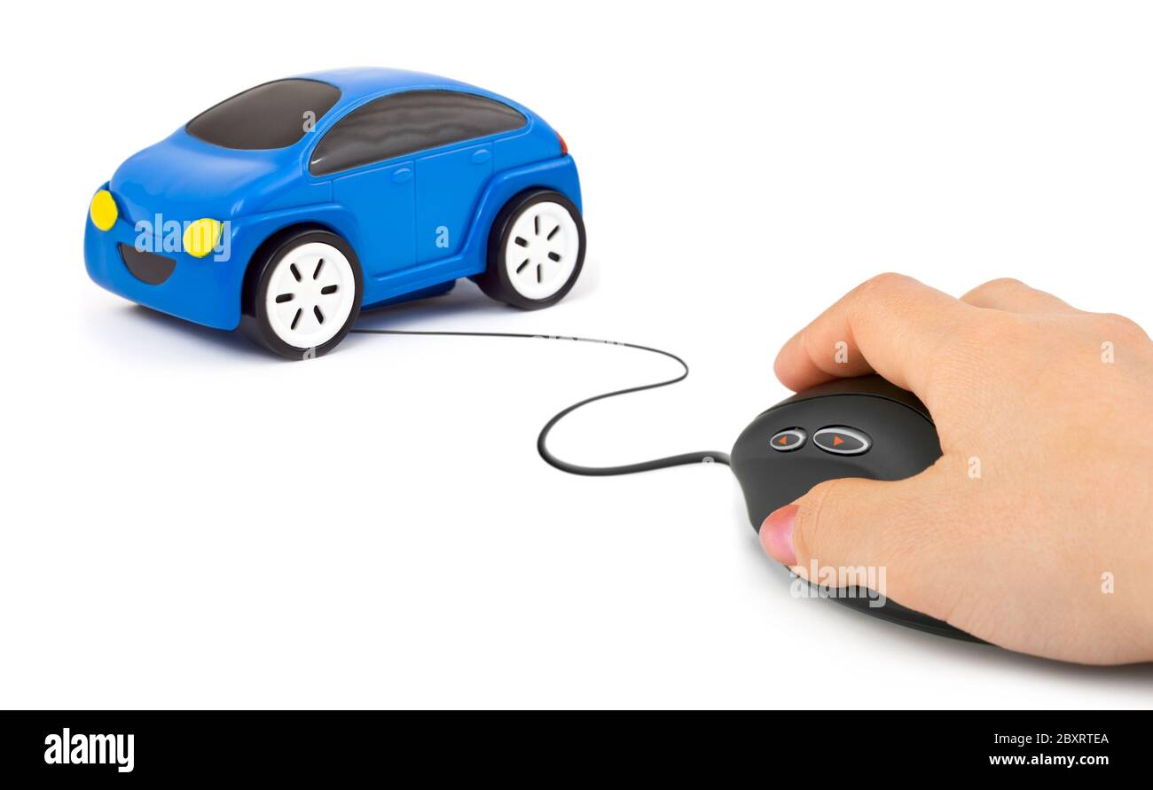 Hand with computer mouse and car isolated on white background Stock ...