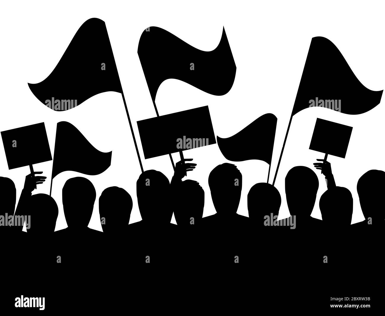 People protest, black outline of people with flags on a white ...