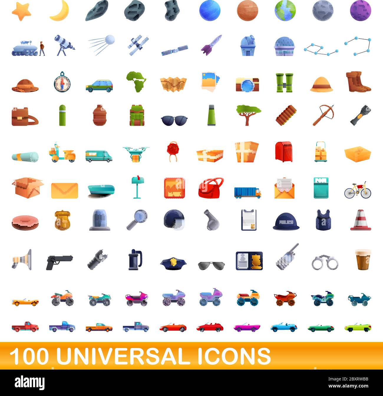 100 universal icons set. Cartoon illustration of 100 universal icons ...