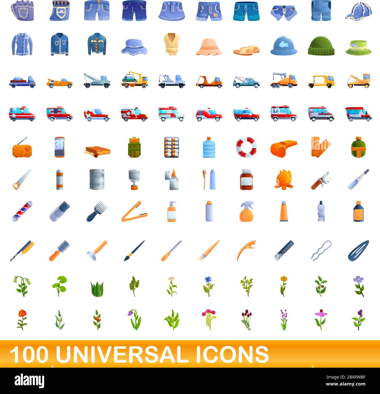 100 universal icons set. Cartoon illustration of 100 universal icons ...