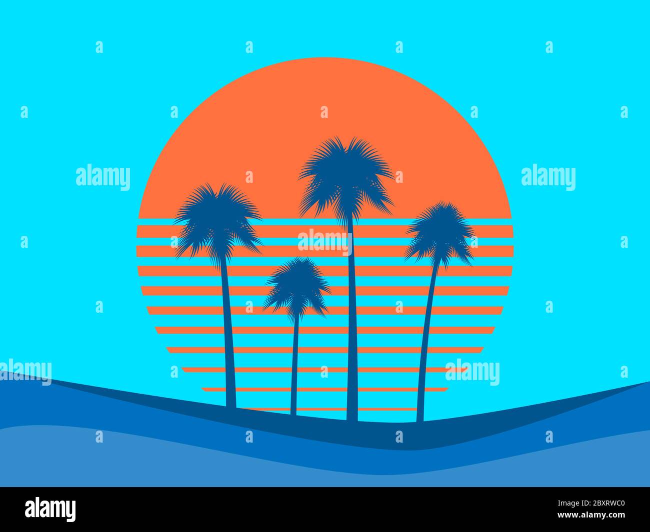 Tropical landscape with palm trees on a background of sea sunset. 80s ...