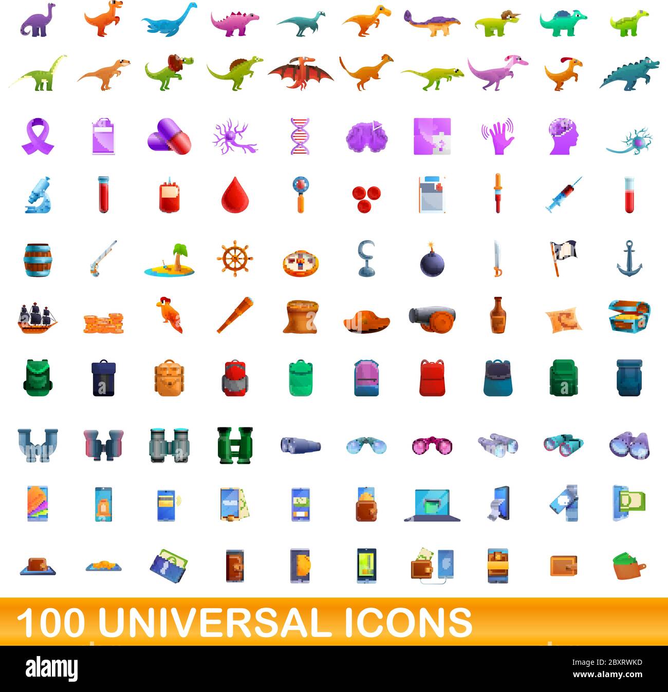 100 universal icons set. Cartoon illustration of 100 universal icons ...