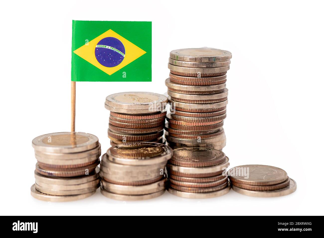 Stack of coins with Brazil flag on white background Stock Photo - Alamy