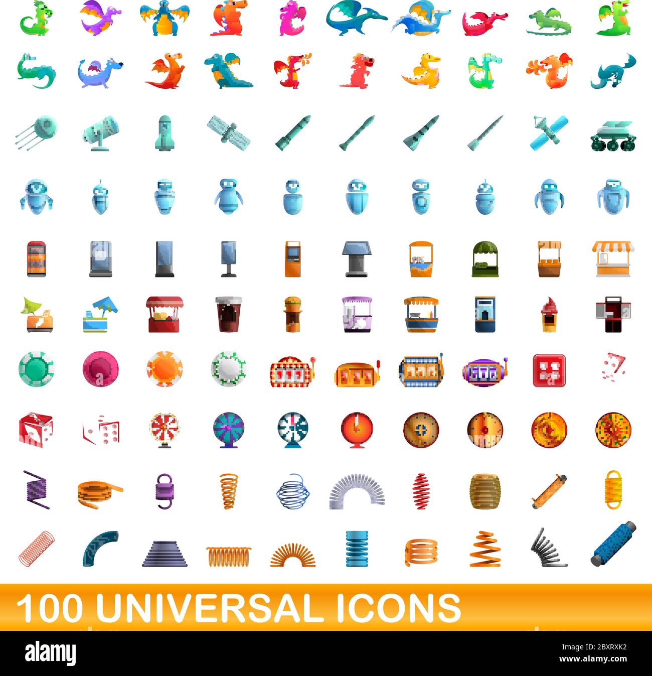 100 universal icons set. Cartoon illustration of 100 universal icons ...