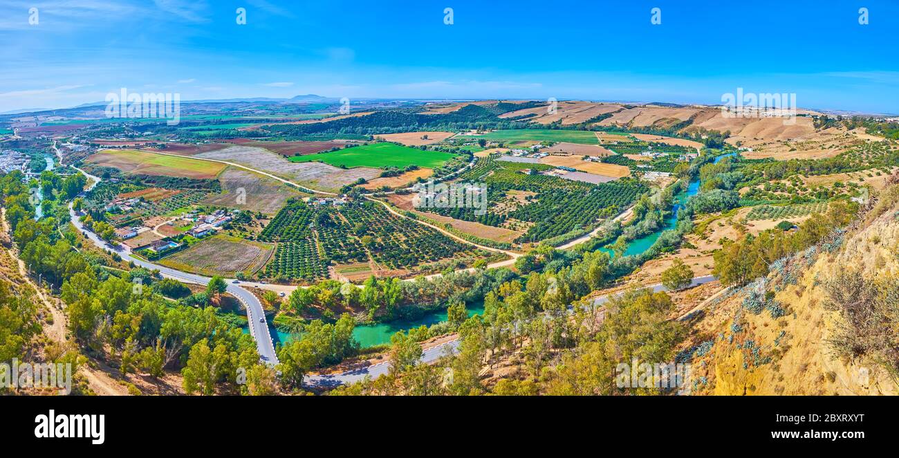 Panorama of Guadalete valley with narrow curved Guadalete river ...