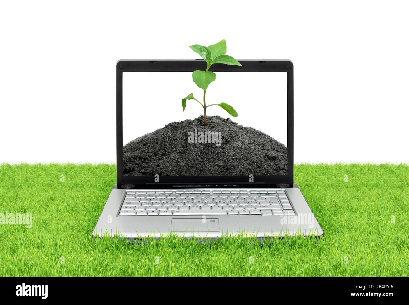 Open laptop showing keyboard and screen isolated on white background ...