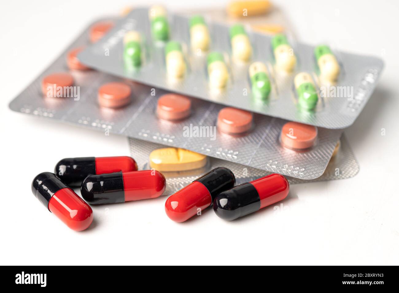 Pills drug colourful capsule in blister pack, medicine in pharmacy ...