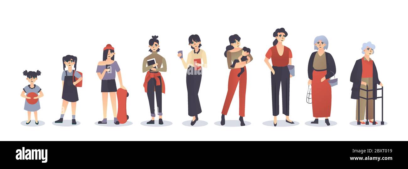 Life cycle concept. Vector of a growing up baby girl becoming ...