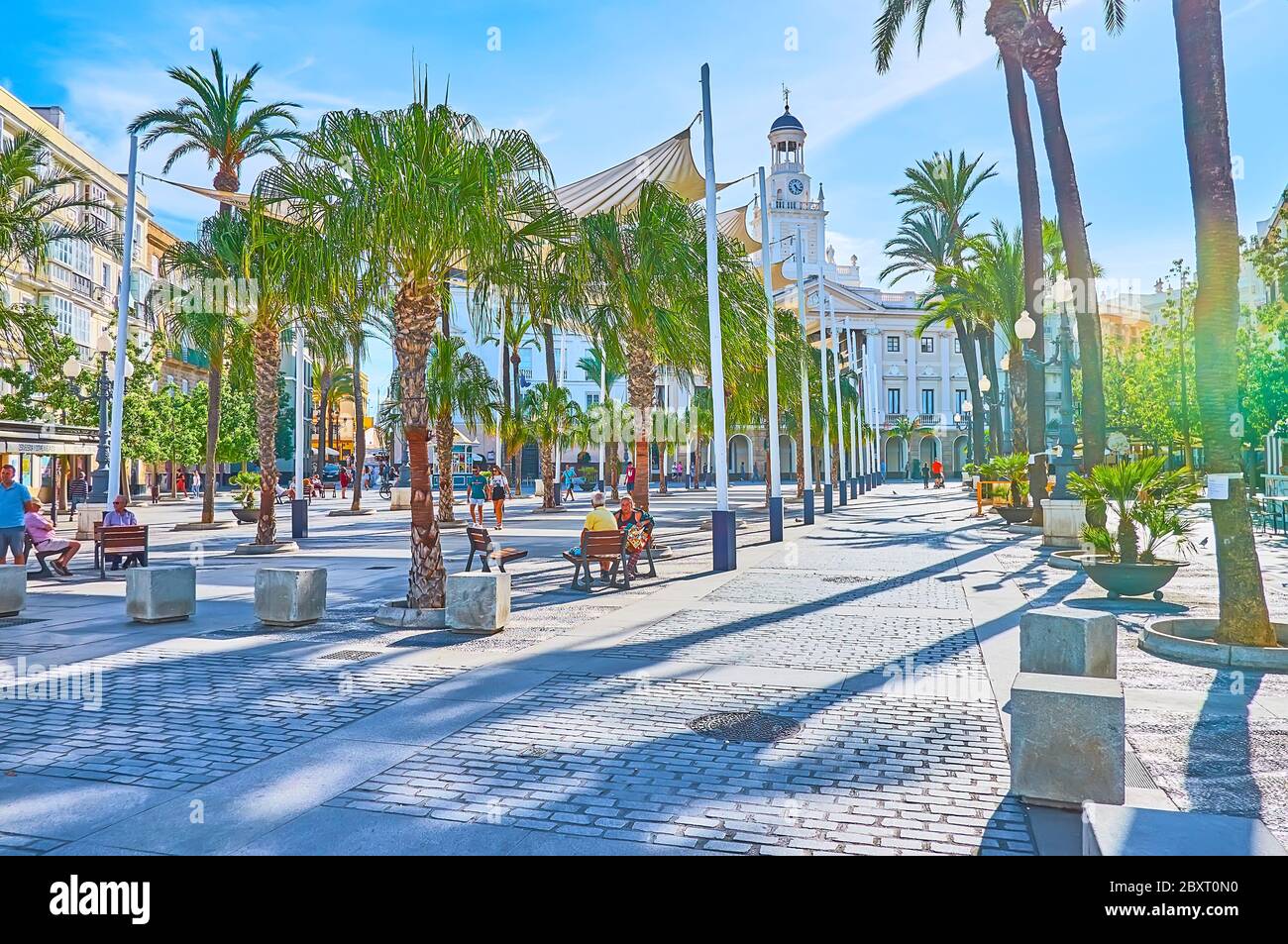 CADIZ, SPAIN - SEPTEMBER 23, 2019: Walk along the palms in Plaza de San ...