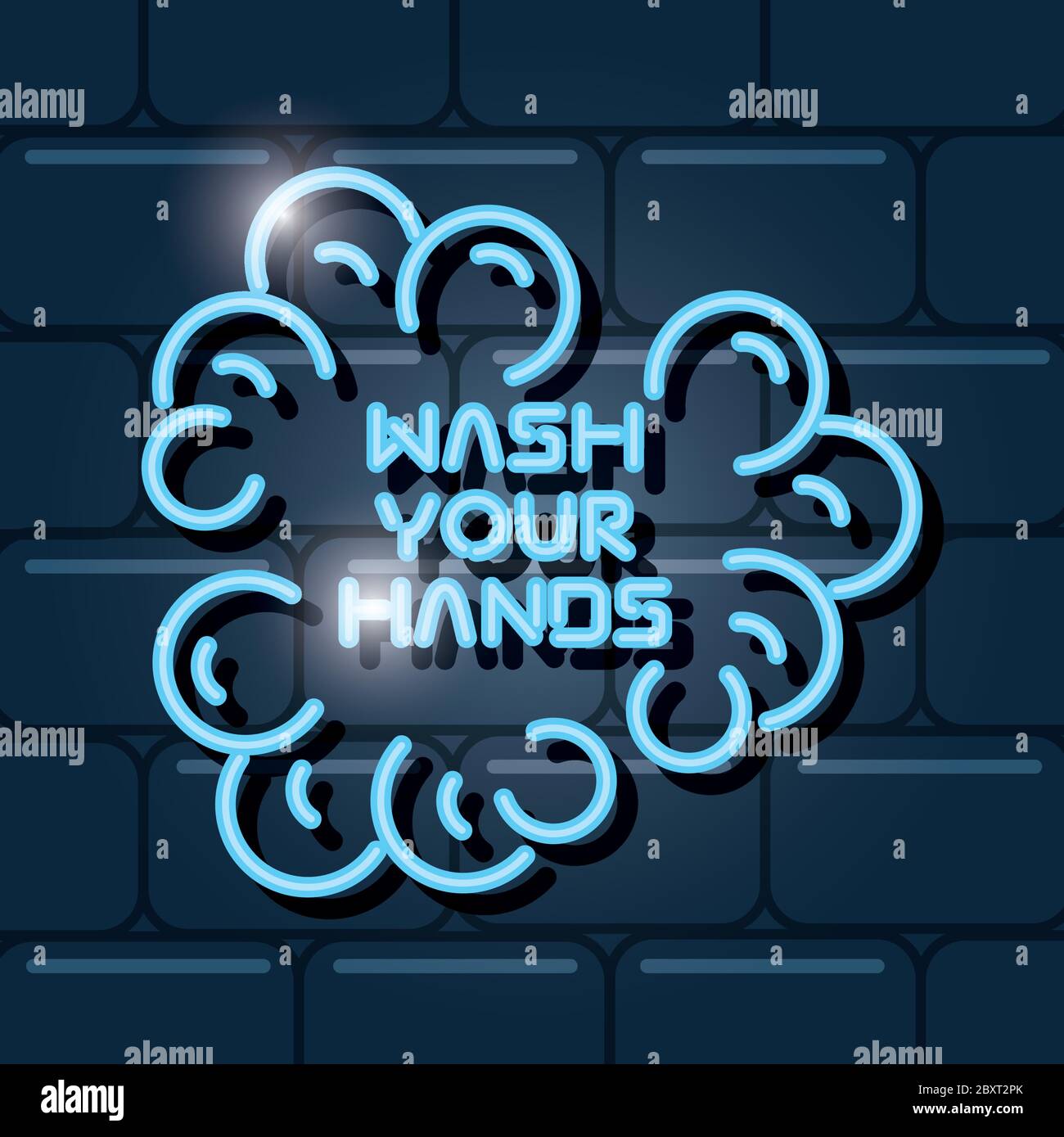 washing hands with water and soap, neon light vector illustration ...