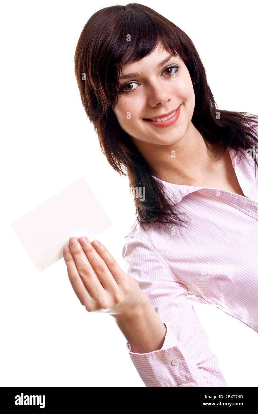 young woman with business card Stock Photo - Alamy