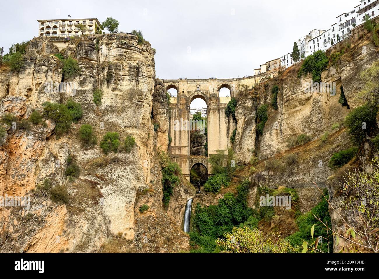 The Puente Nuevo, New bridge in Ronda, Spain spans the 120m deep chasm ...