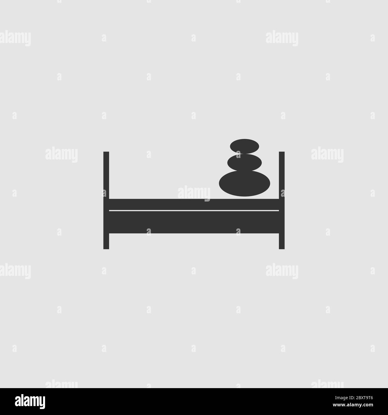 Bed with pillows icon flat. Black pictogram on grey background. Vector ...
