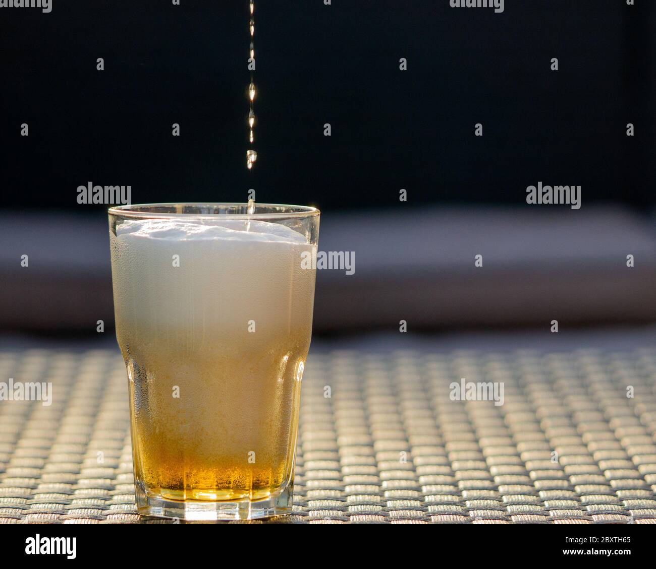 Beer drop falling down to the glass. Freezing motion. Bar, pub ...