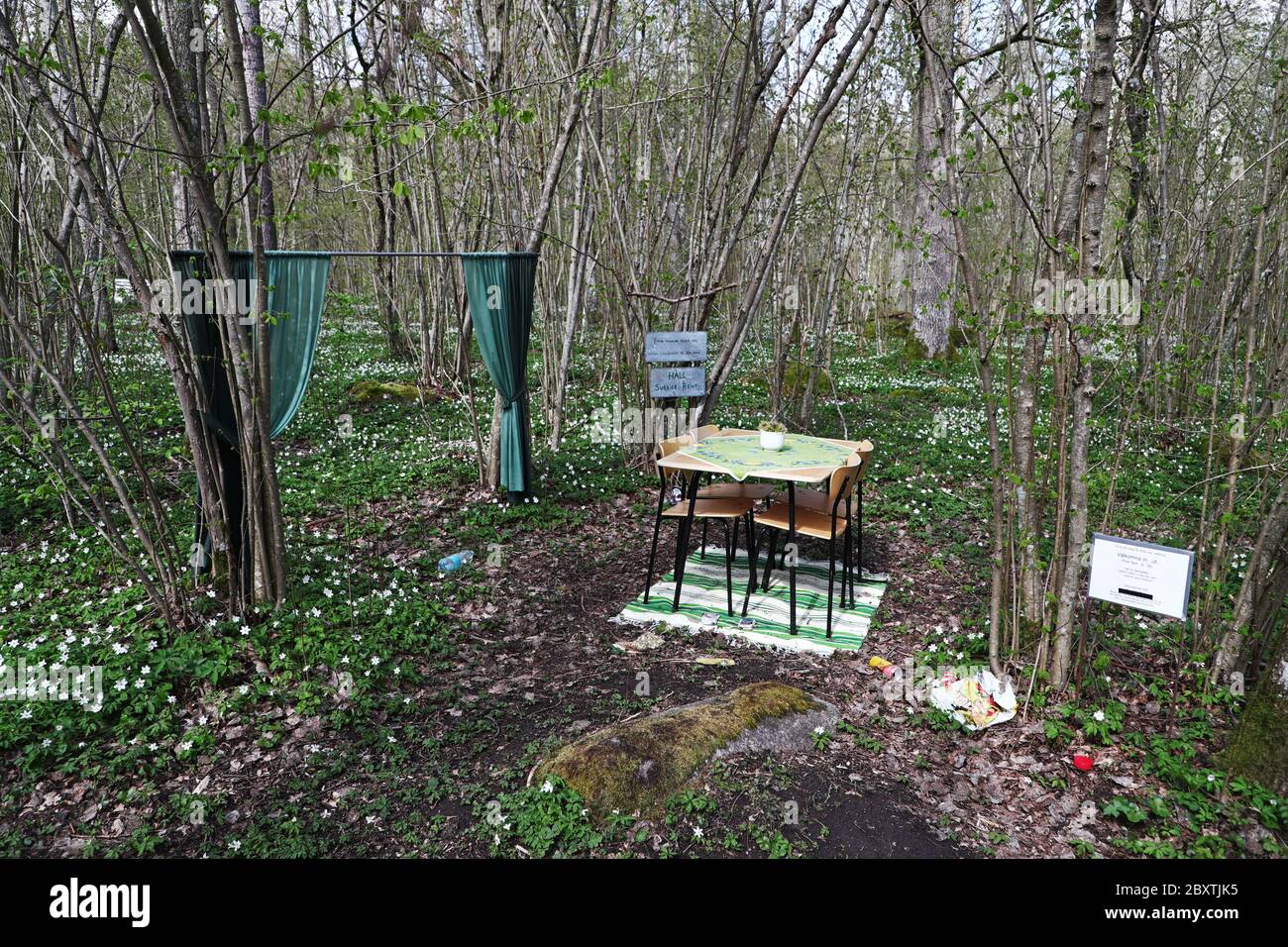 Skänninge, Sweden 20200502A kitchen table at the art exhibition in a ...