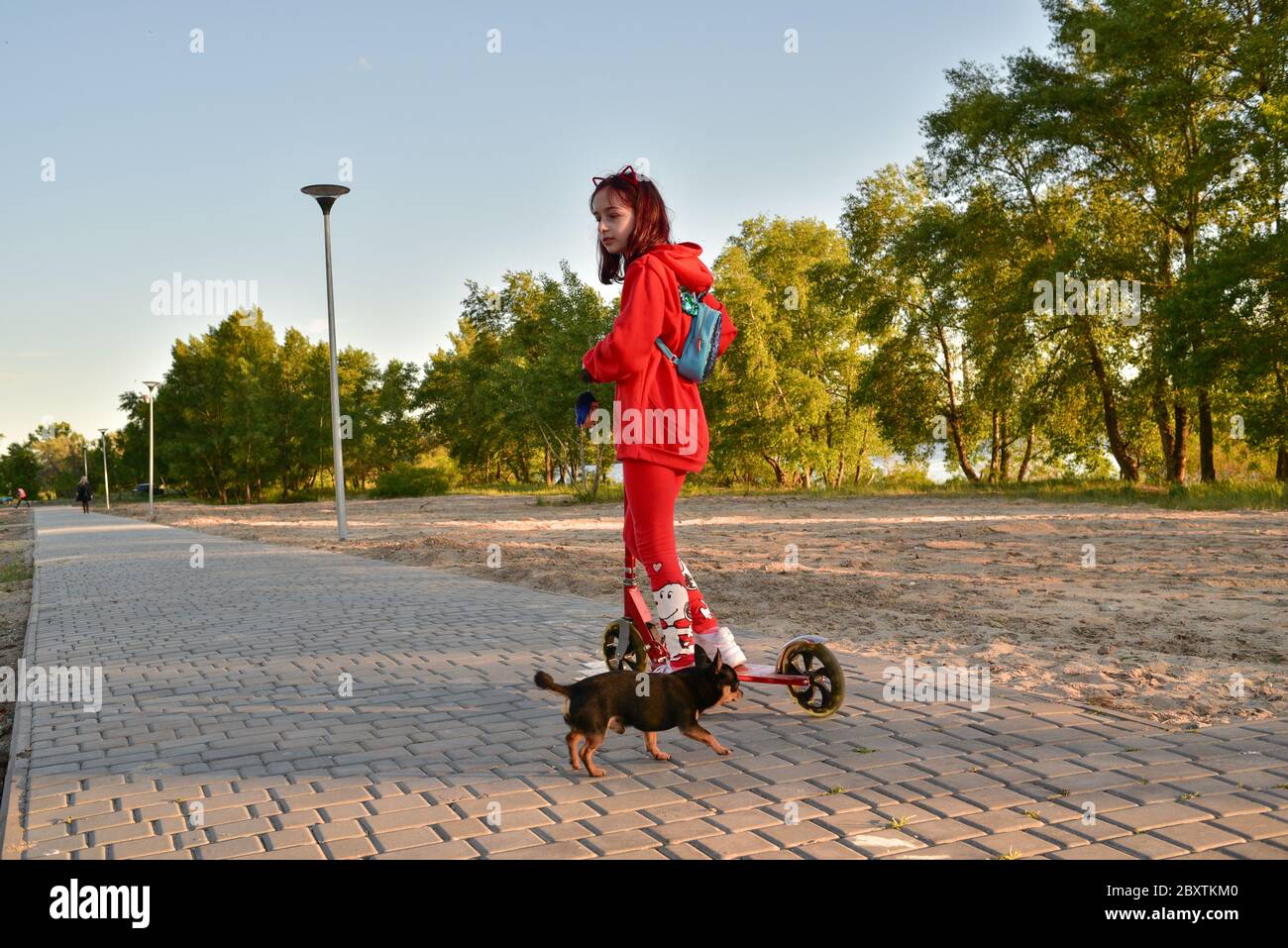 Child riding scooter. Active outdoor fun for kids. Sports for preschool ...