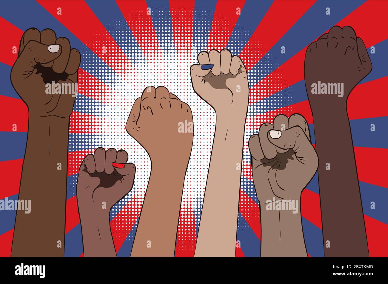 Protest concept banner, raised up fists in different skin color ...